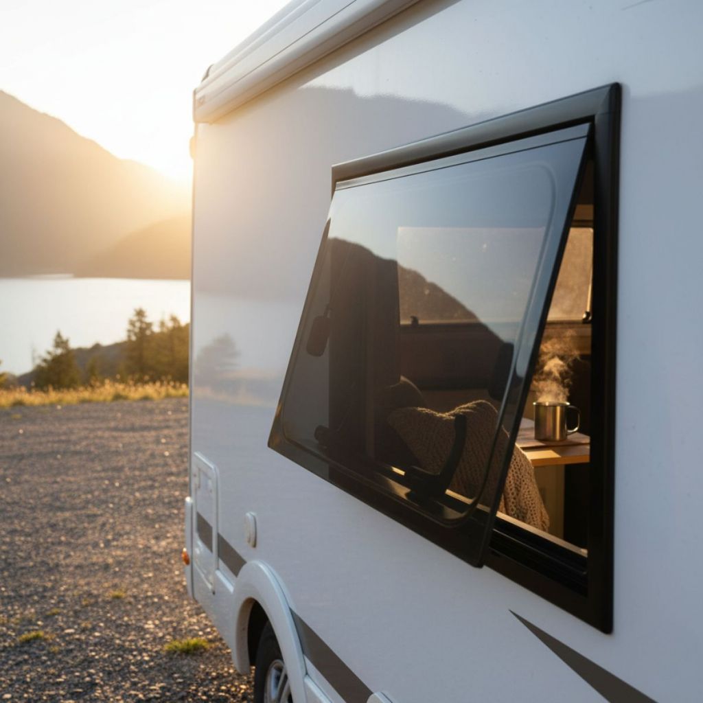 Tinted Flat Camper Van Window with Black Built In Blind & Flynet