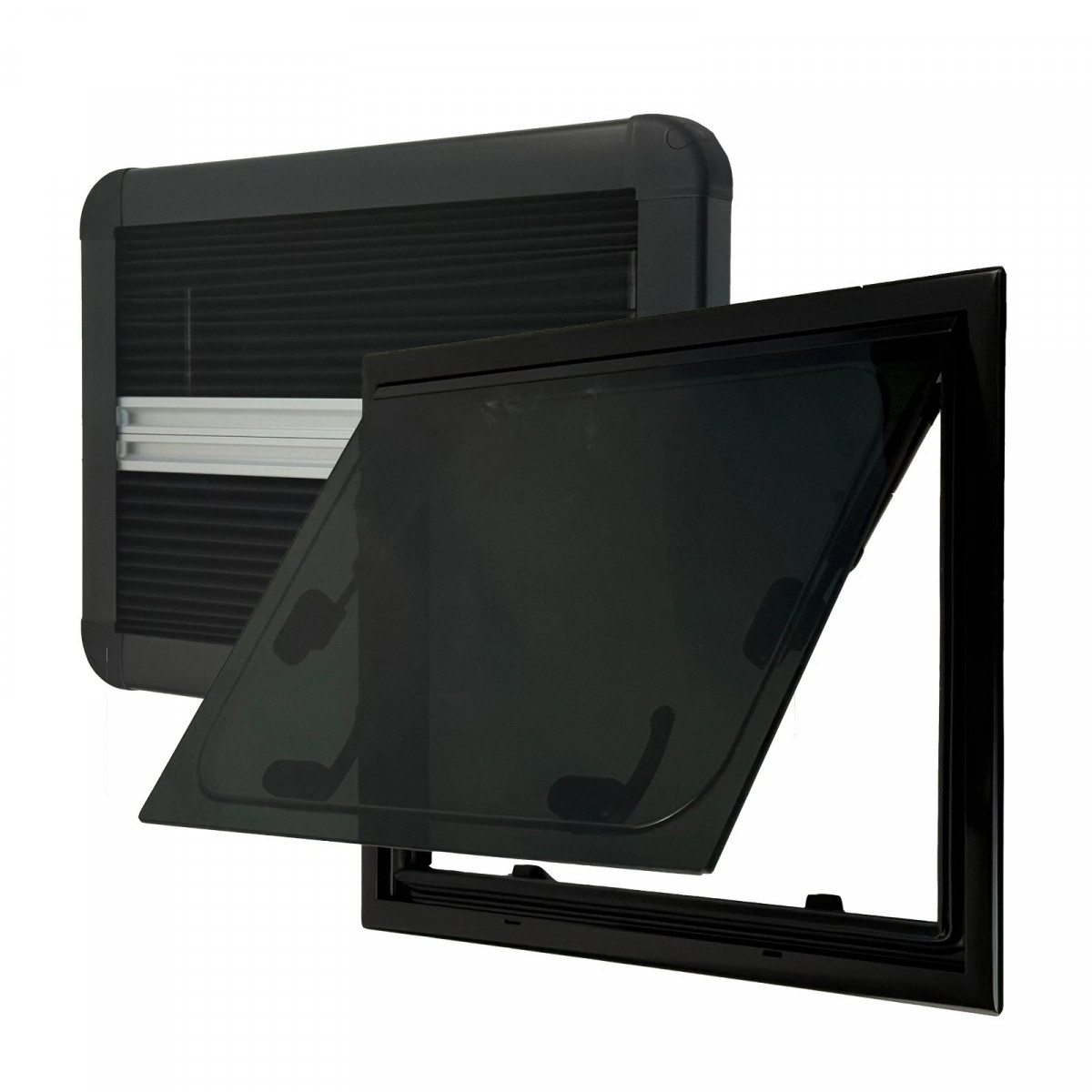 Tinted Flat Camper Van Window with Black Built In Blind & Flynet