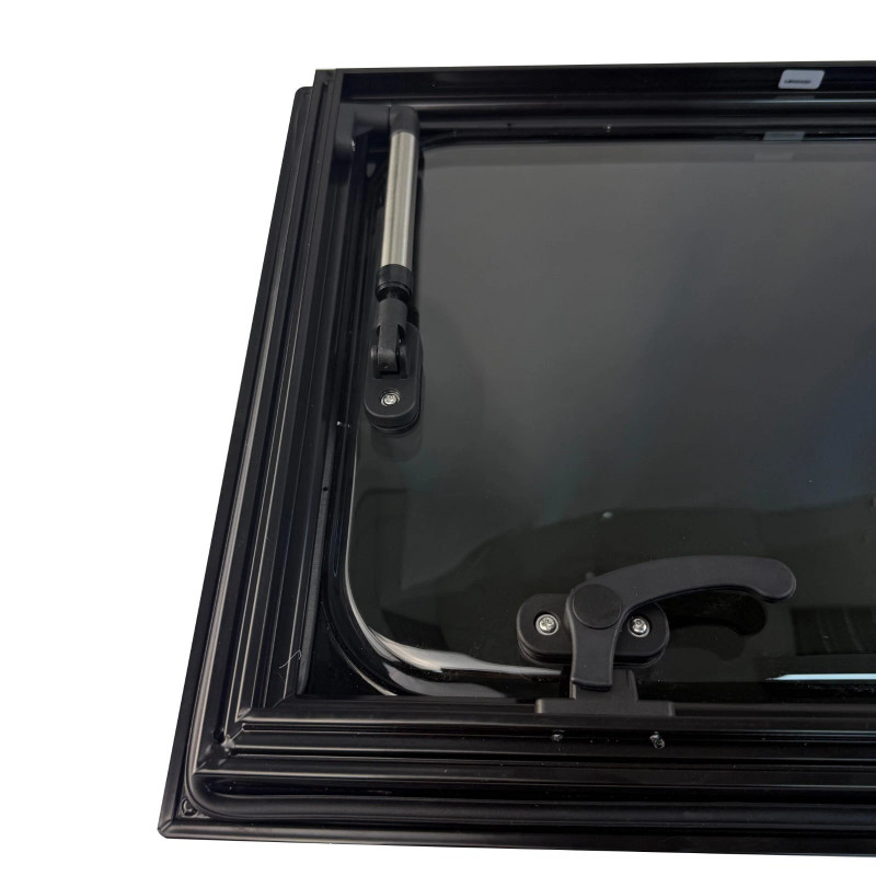 Tinted Flat Camper Van Window with Black Built In Blind & Flynet